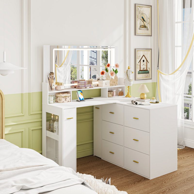 Wrought Studio™ Vanity Desk With Outlet, Big Corner Vanity With Storage, L Vanity | Wayfair